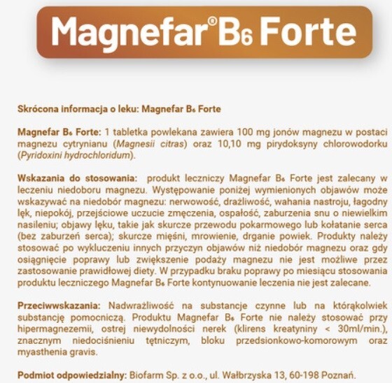 Magnefar B6 Forte (100mg Mg2+ + 10,1mg), 60 tabletek - Magnez - Apteka Internetowa Lek24.pl